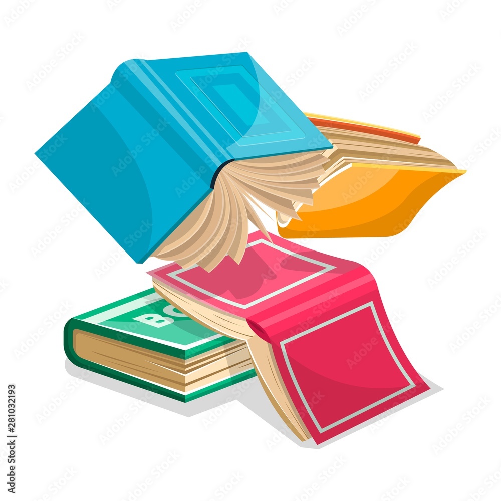 Blue, pink, green, yellow thick books falling down or flying ...