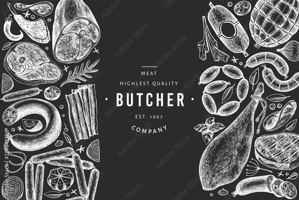 Vintage vector meat products design template. Hand drawn ham, sausages ...