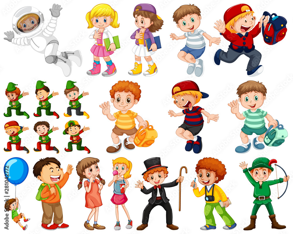Kids in large group acting our varoous roles Stock Vector | Adobe Stock