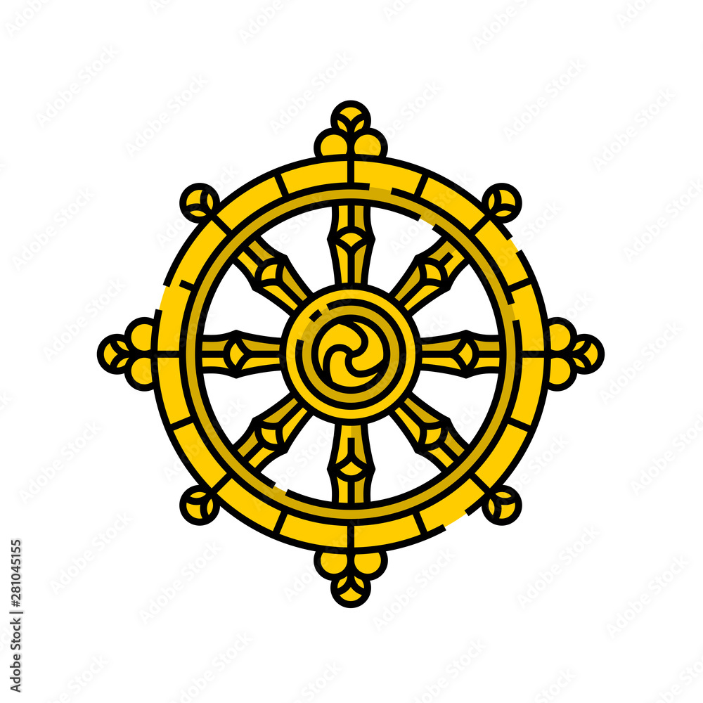 Dharma Wheel symbol. Gold Buddhism religion sign. Dharmachakra line ...