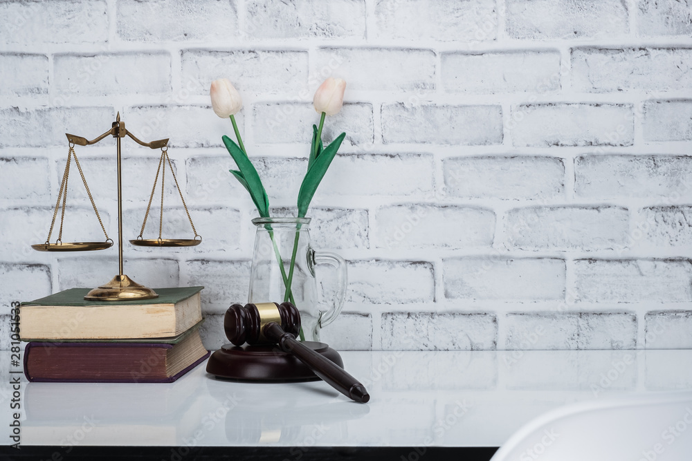 Office lawyer desk with gavel,scale,justice and book. Lawyer desk with ...