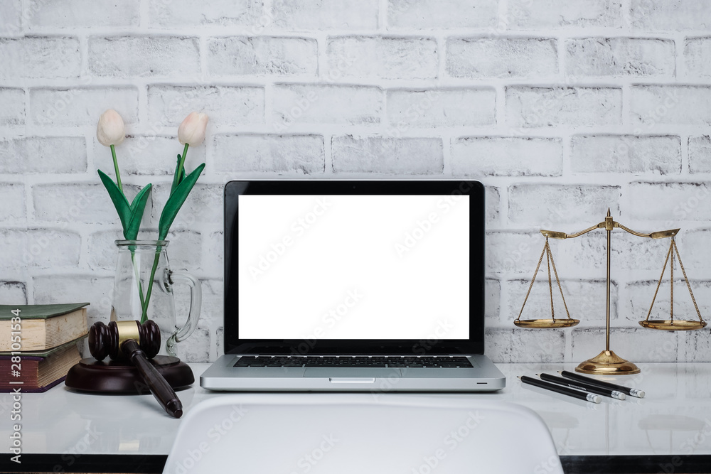 Office lawyer desk with blank screen laptop,gavel,scale,justice and law ...