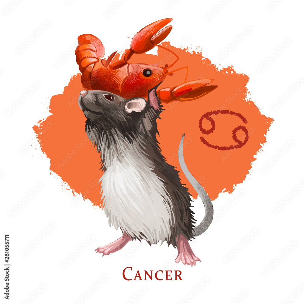 Cancer creative digital illustration of astrological sign. Rat or mouse ...