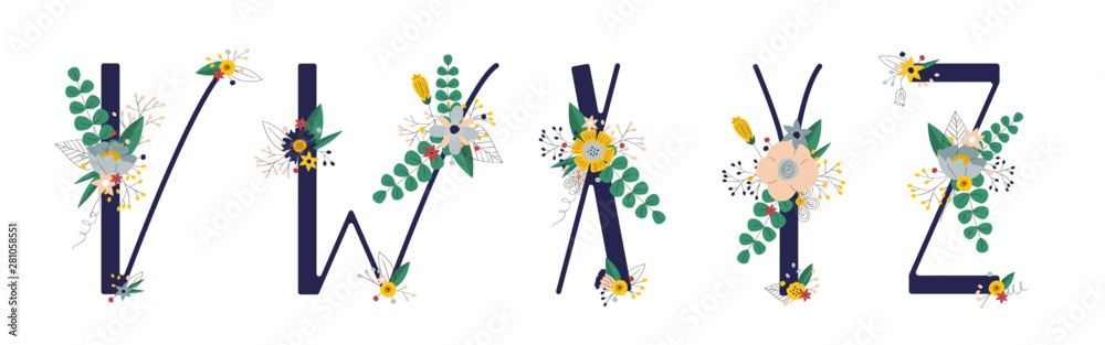 Сollection with 5 letter of floral alphabet - v, w, x, y, z. Spring and ...