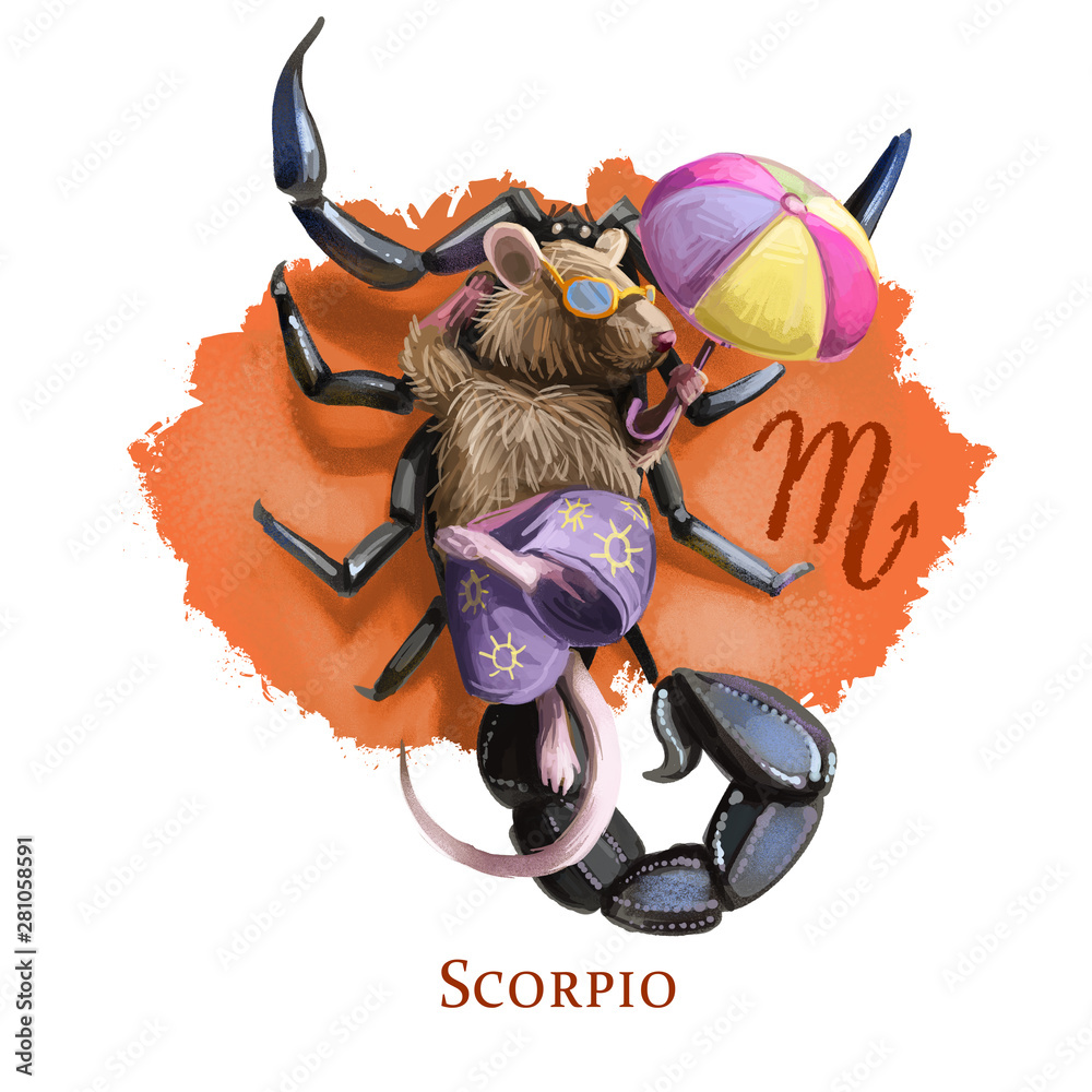 Creative digital illustration of astrological sign Scorpio. Rat or ...