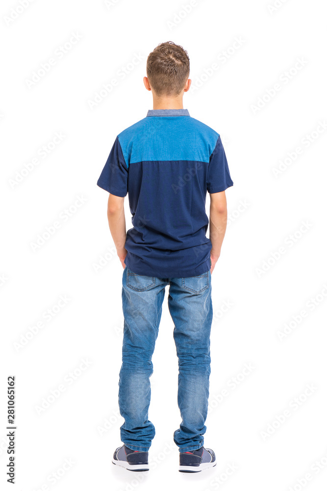 Full length portrait of young caucasian teen boy - rear view, isolated ...