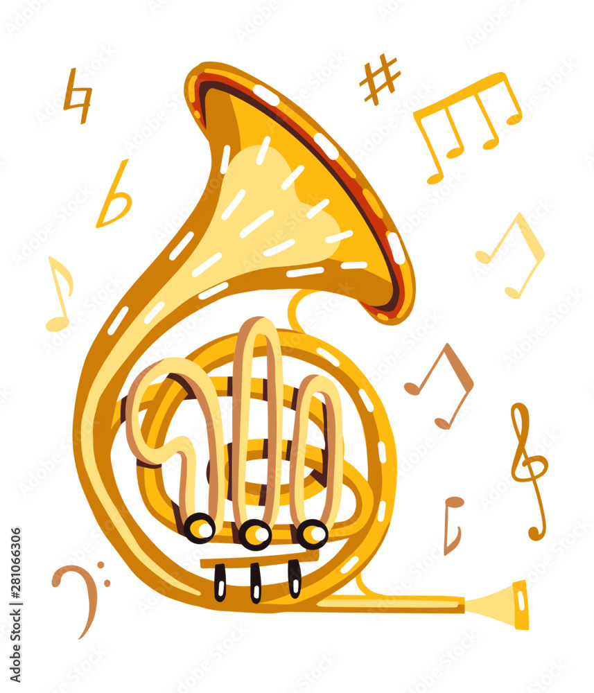 Flat vector illustration of a french horn with musical symbols. Warm ...