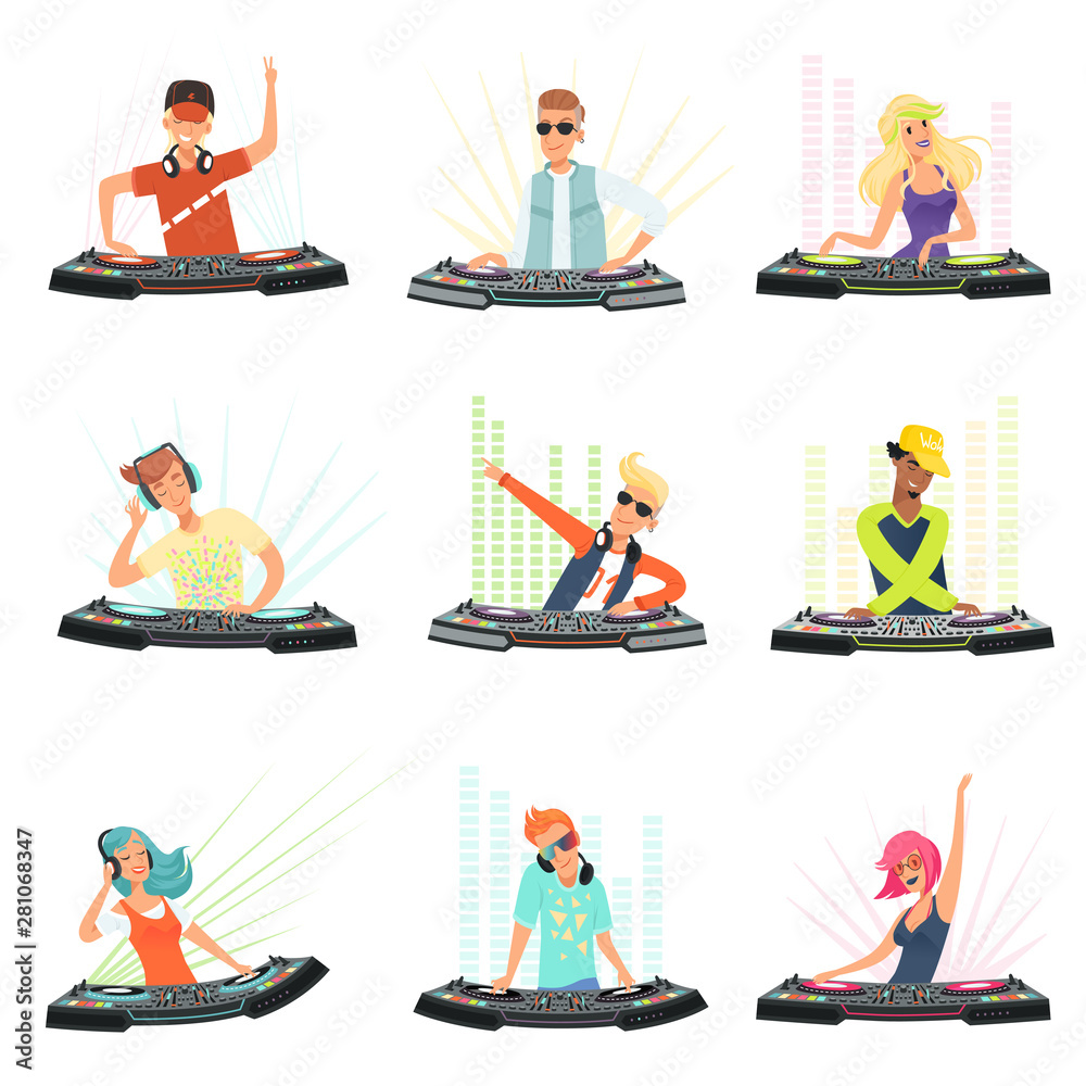 Dj characters. Male and female party musicians in headphones for event ...