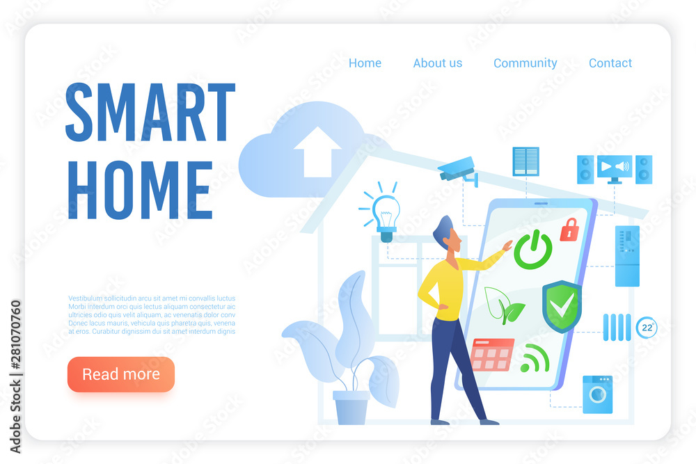 Smart home flat vector landing page template. House devices and ...