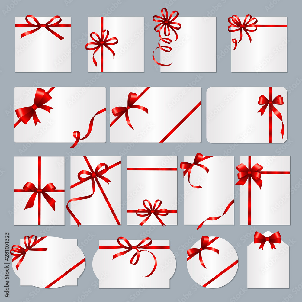 Gift card frames. Red ribbons gift banners with place for text vector ...