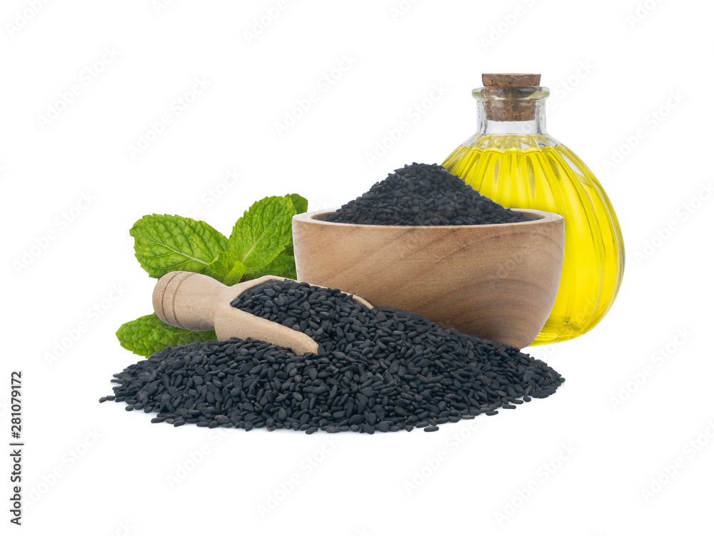 Black Sesame seeds and Sesame oil in glass isolated on white background ...