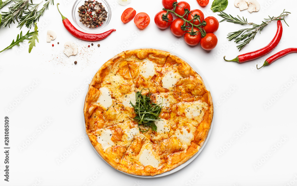 Cheesy Italian pizza with border of ingredients Stock Photo | Adobe Stock
