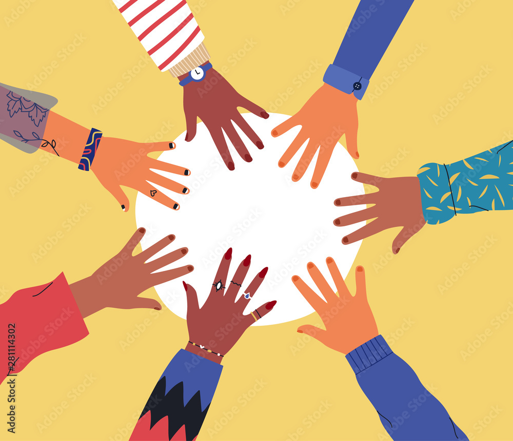 Diverse young people hands on isolated background. Teenager hand group ...