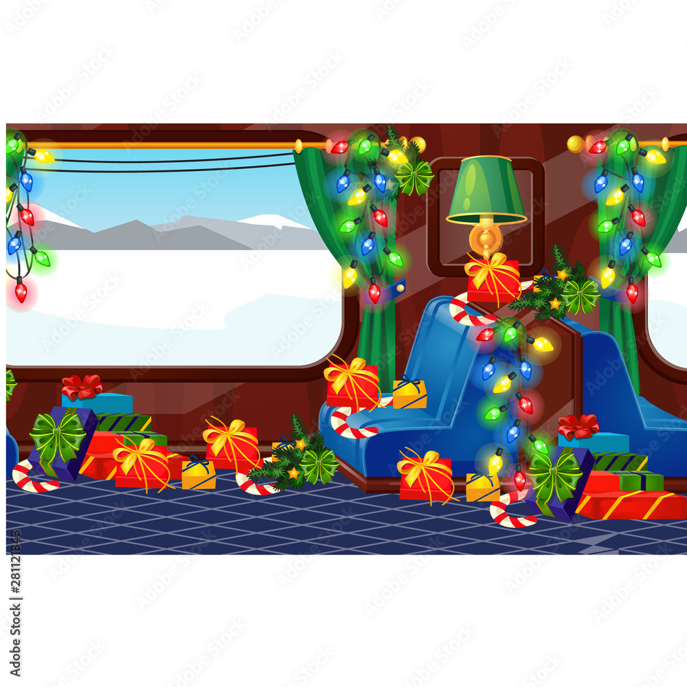 View from window of a train decorated in Christmas style. Gift boxes ...