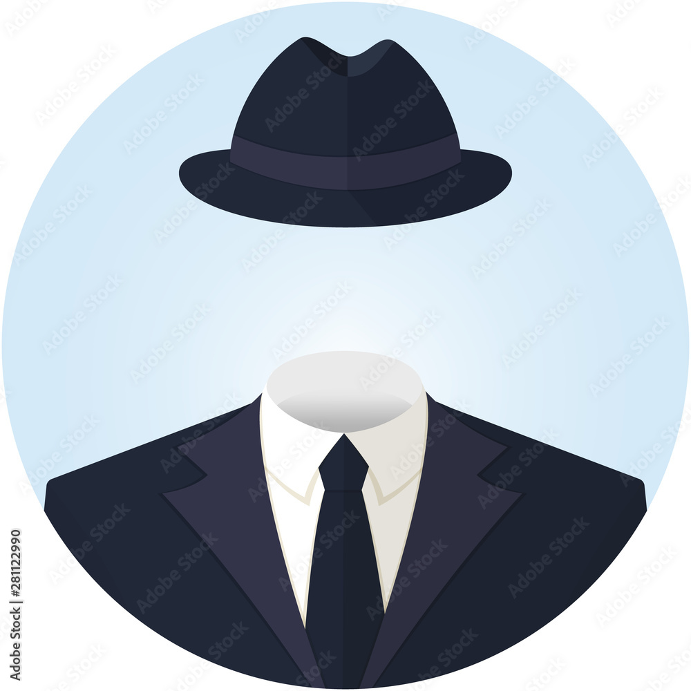 Anonymous or invisible man in a suit and in a hat. Flat style vector ...