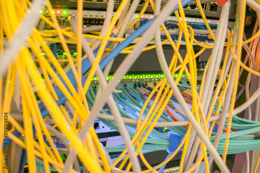 Chaotic intertwining of many Internet wires in the rack server room ...
