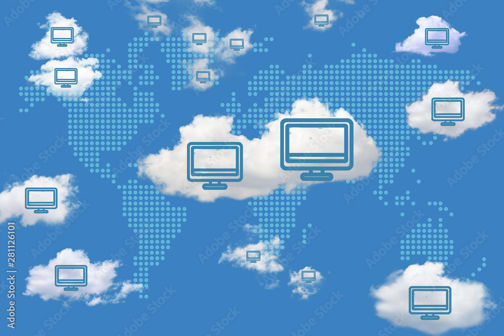 Digital illustration with concept of cloud solutions or cloud computing ...