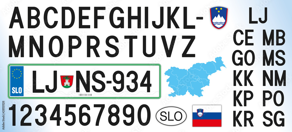 Slovenia car license plate, letters, numbers and symbols, vector ...