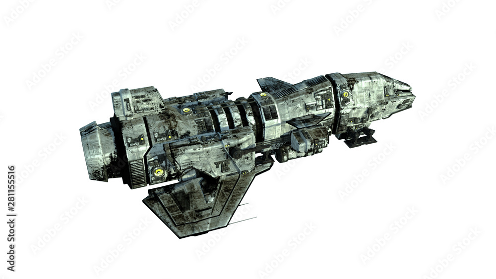 Old alien spaceship, UFO spacecraft in flight isolated on white ...