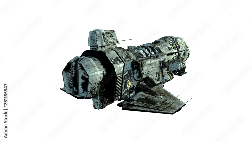 Old alien spaceship, UFO spacecraft in flight isolated on white ...