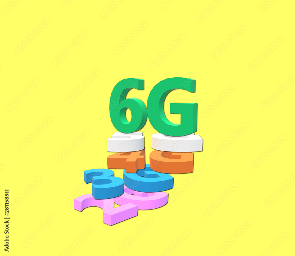 3D illustration. 6G text poster. Massive connectivity of the device and ...