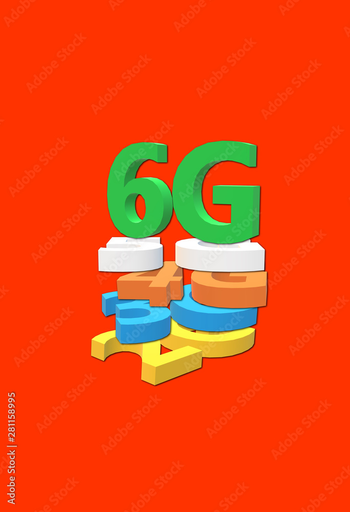 3D illustration. 6G text poster. Massive connectivity of the device and ...