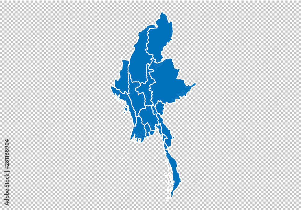 myanmar map - High detailed blue map with counties/regions/states of ...