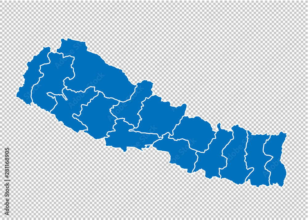 nepal map - High detailed blue map with counties/regions/states of ...