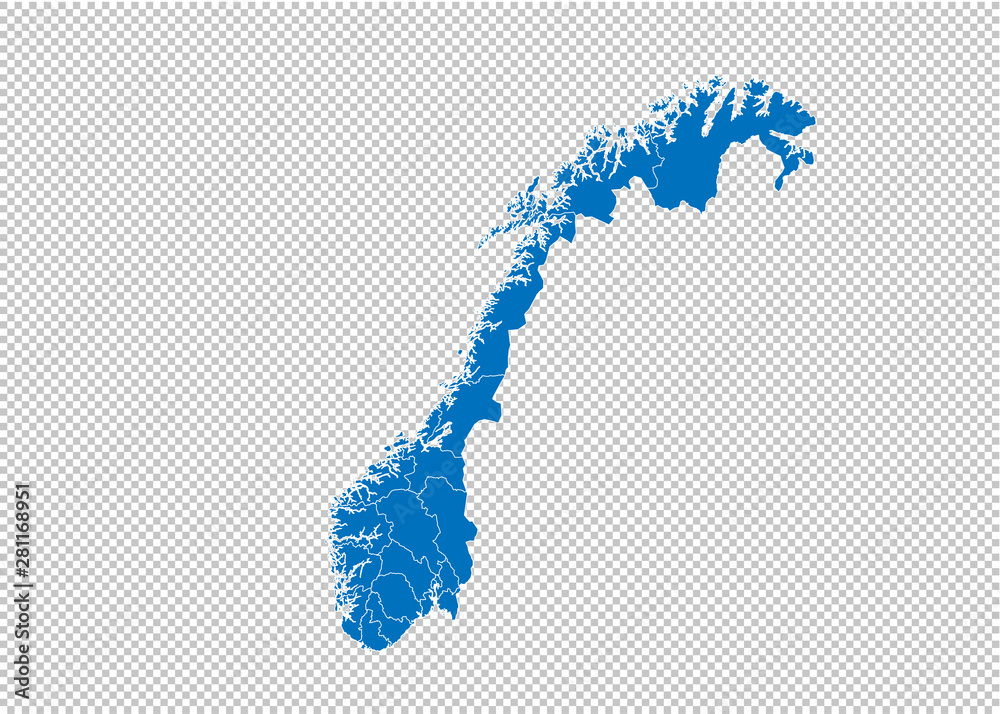norway map - High detailed blue map with counties/regions/states of ...