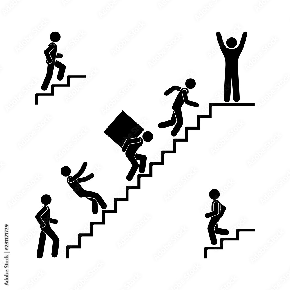 man walks up the stairs, stick figure pictogram, human silhouette ...