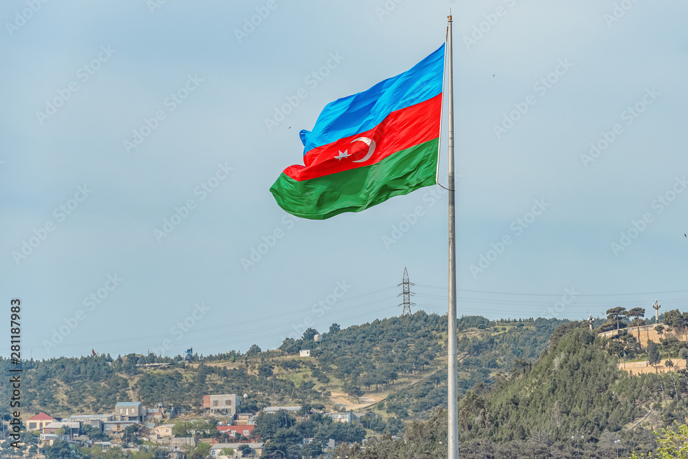 Azerbaijan, Bayraq place for national Azerbaijan flag in front of green ...
