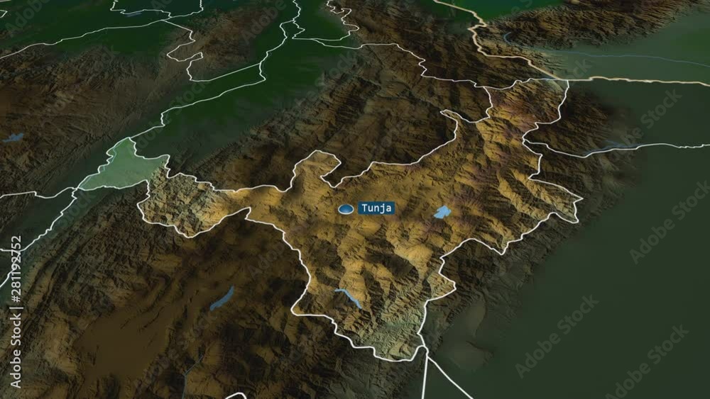 Boyacá - department of Colombia with its capital zoomed on the physical map of the globe ...