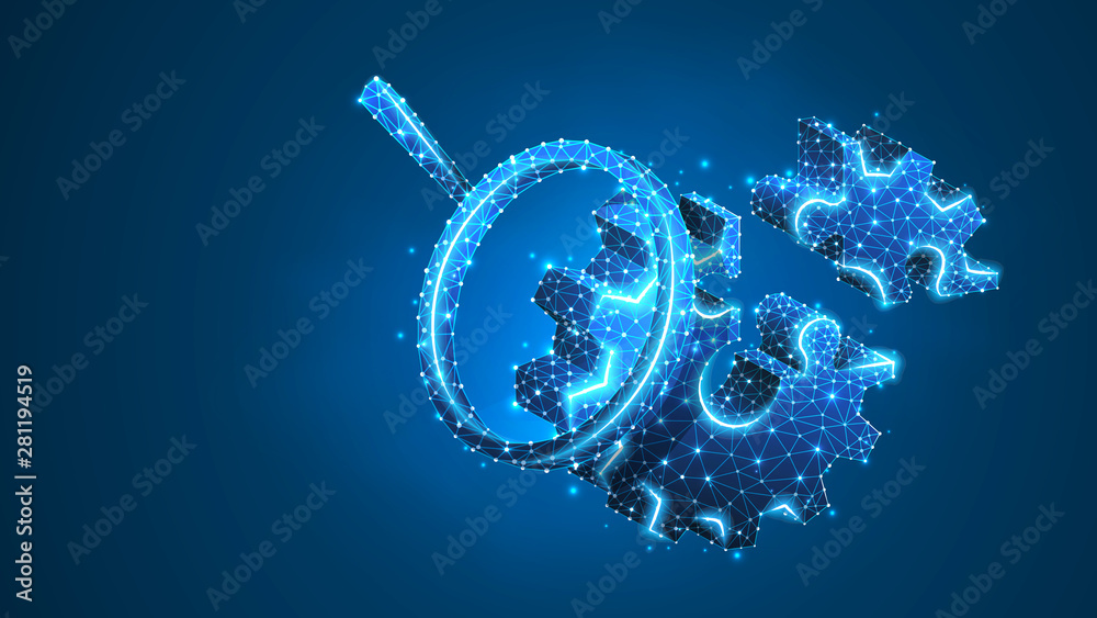Magnifying glass on a Gear Jigsaw Puzzle. Industry development analysis ...