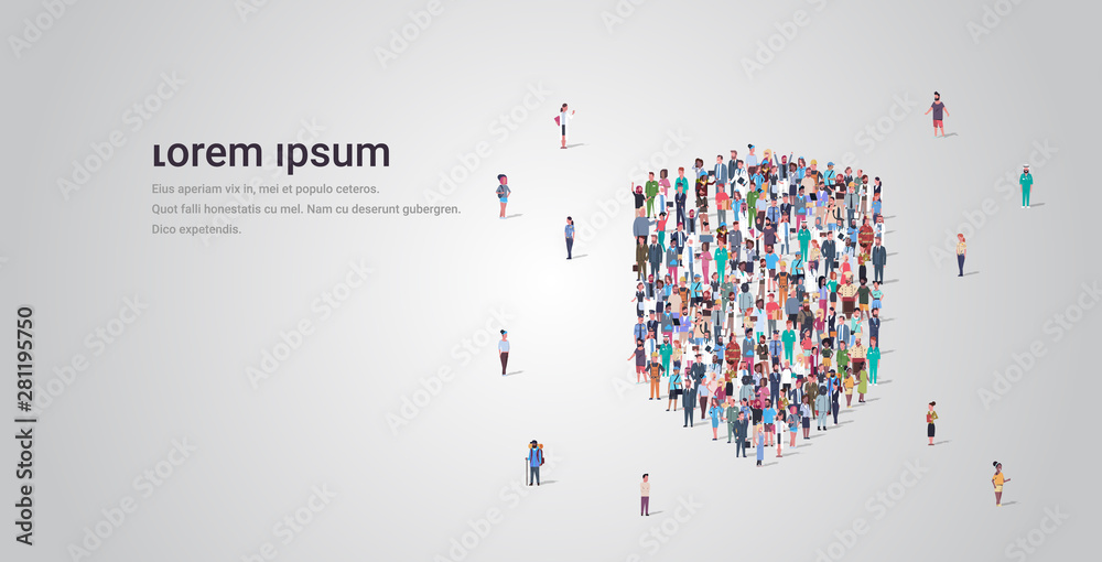 people crowd gathering in shield icon shape social media community ...