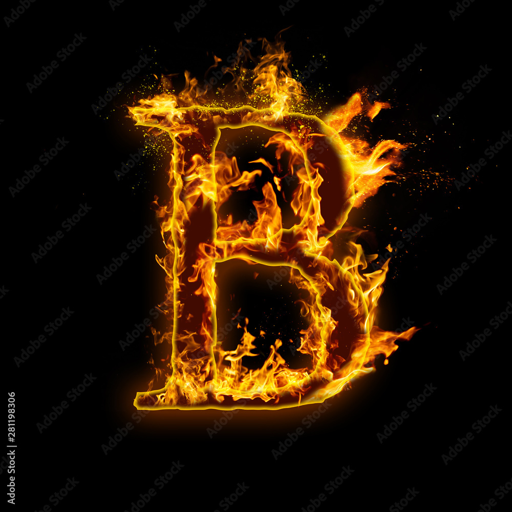 Letter B. Fire flames on black isolated background, realistick fire ...