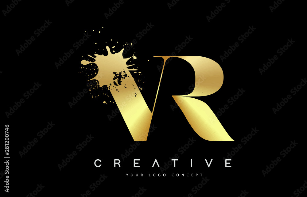 VR V R Letter Logo with Gold Melted Metal Splash Vector Design. Stock ...