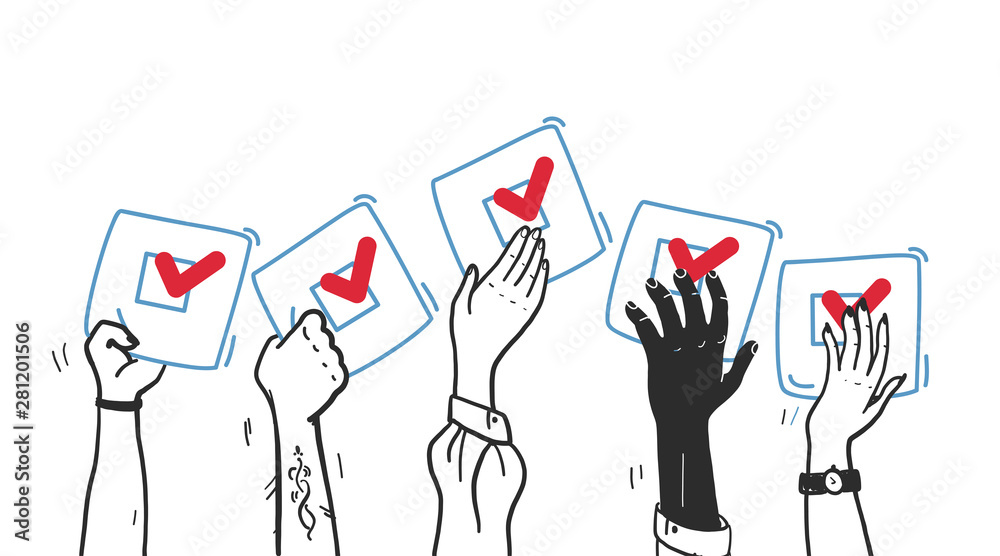Vector vote illustration with hands up with voting bulletin isolated on ...