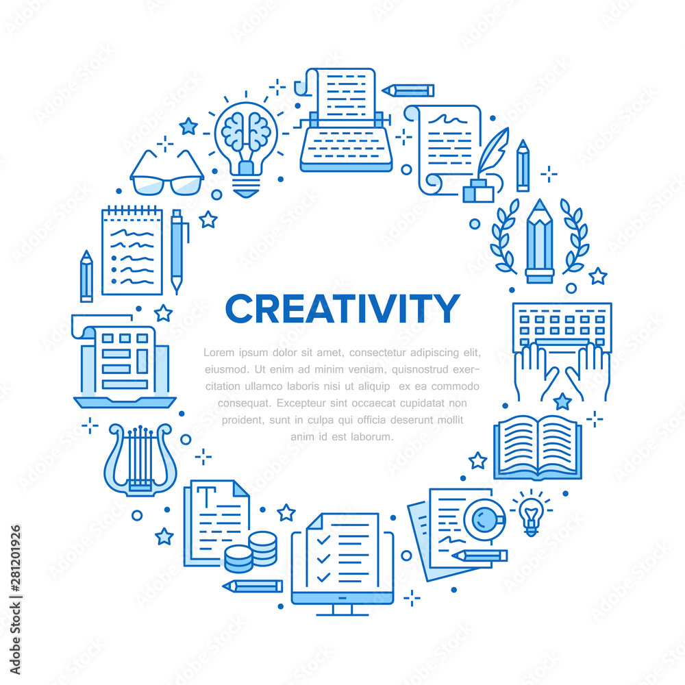 Copywriting vector circle banner flat line icons. Writer typing text ...