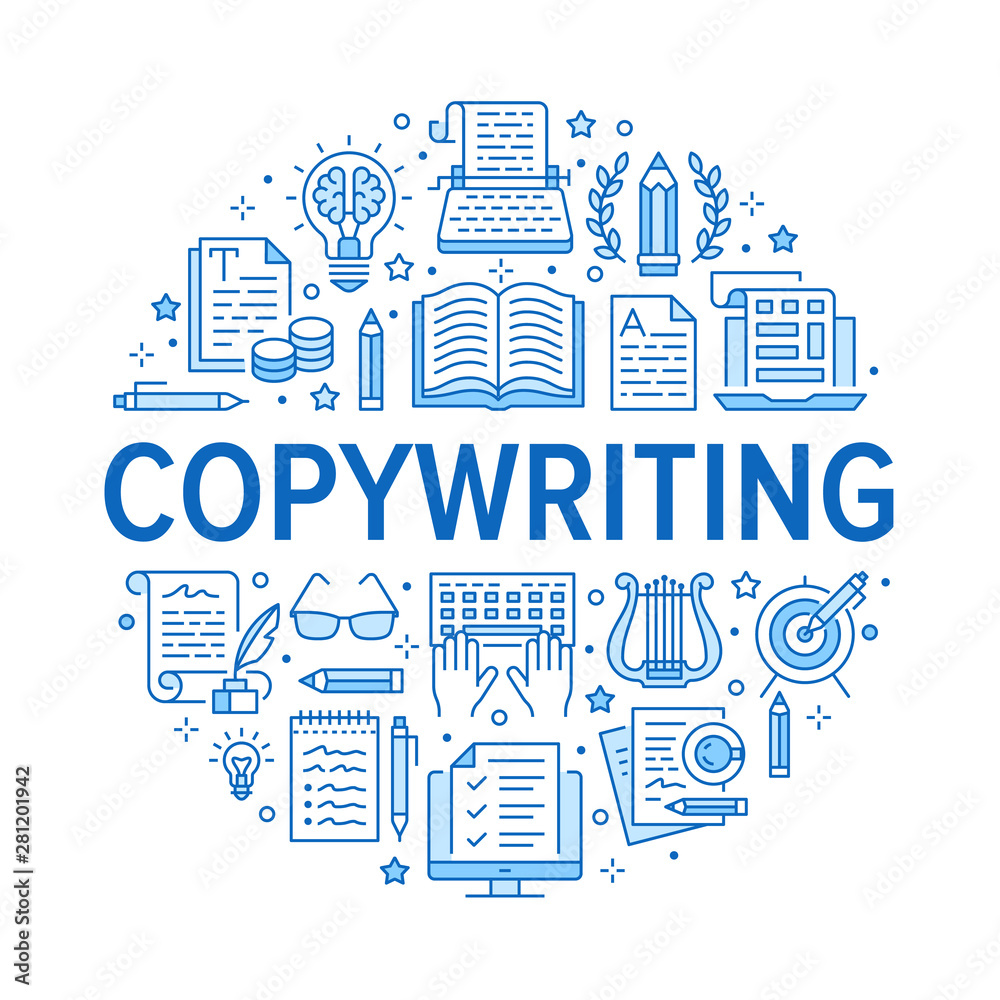 Copywriting vector circle banner flat line icons. Writer typing text ...