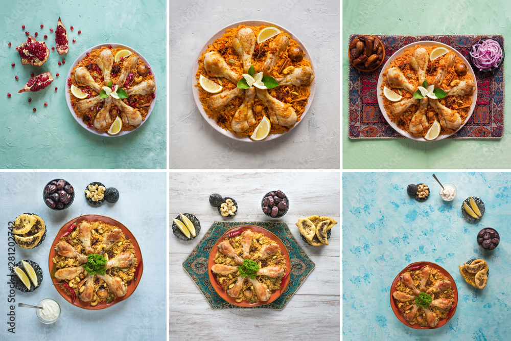 Collage from different pictures of Arabic traditional food bowls Kabsa ...