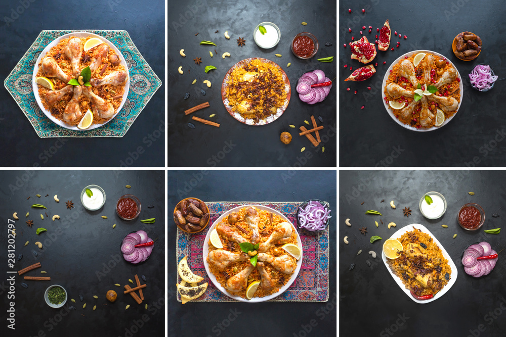 Collage from different pictures of Arabic traditional food bowls Kabsa ...