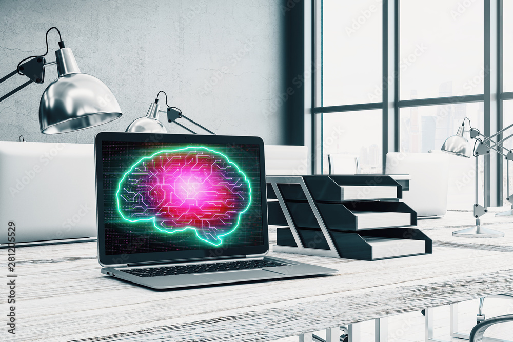 Desktop interior with computer, table and chair. Data theme brain ...