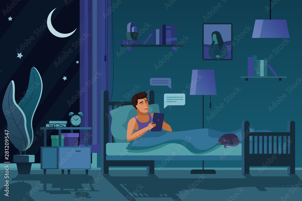 Man texting at night flat vector illustration. Guy in bed, sending ...