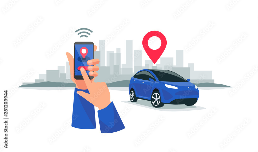 Vector illustration of autonomous wireless parking remote connected car ...