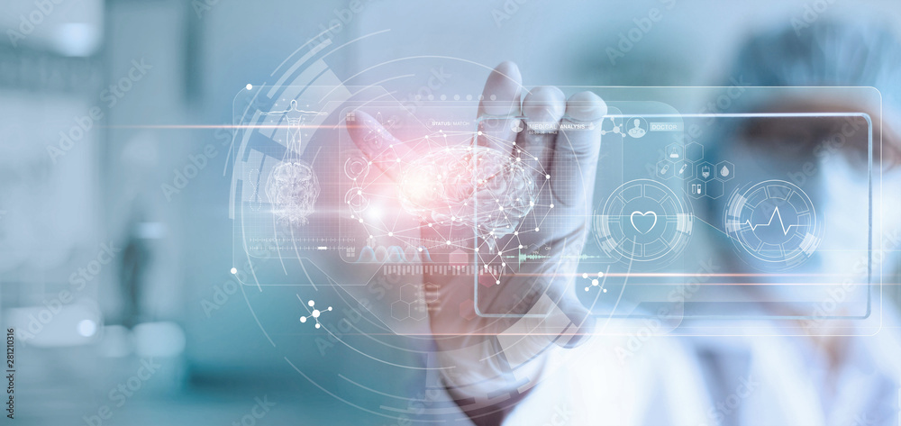 Doctor, surgeon analyzing patient brain testing result and human ...