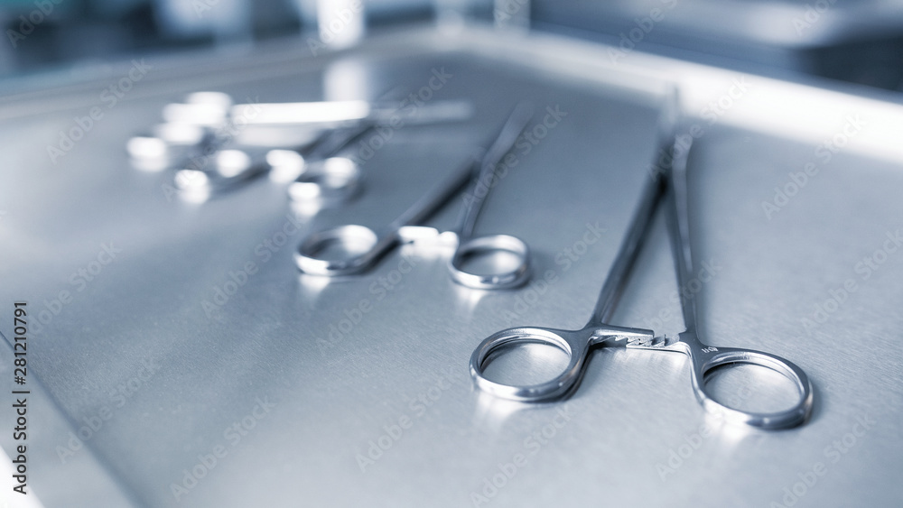 Stainless steel surgical instruments, forceps. Close up. Copy spase ...