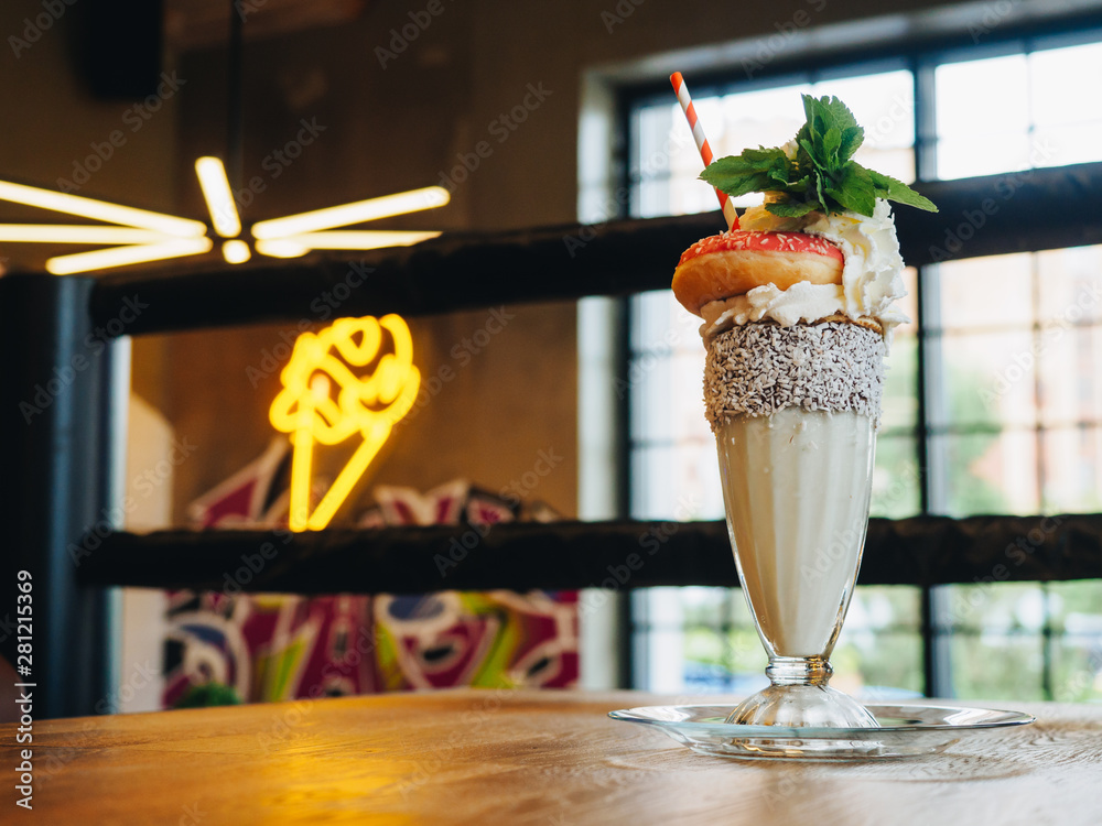 Monster freak shake with donut, mint and whipped cream Stock Photo ...