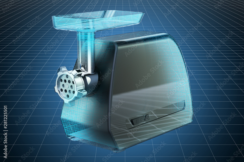 Visualization 3d cad model of electric meat grinder, blueprint. 3D ...