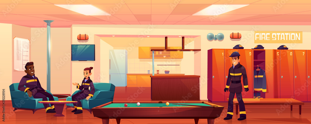 Firefighters in fire station recreation room interior, people relaxing ...