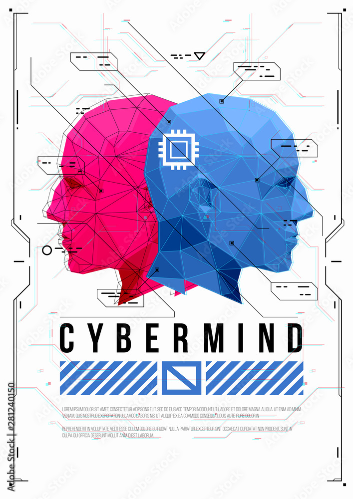 Cyber mind concept poster with low poly head. Futuristic illustration ...